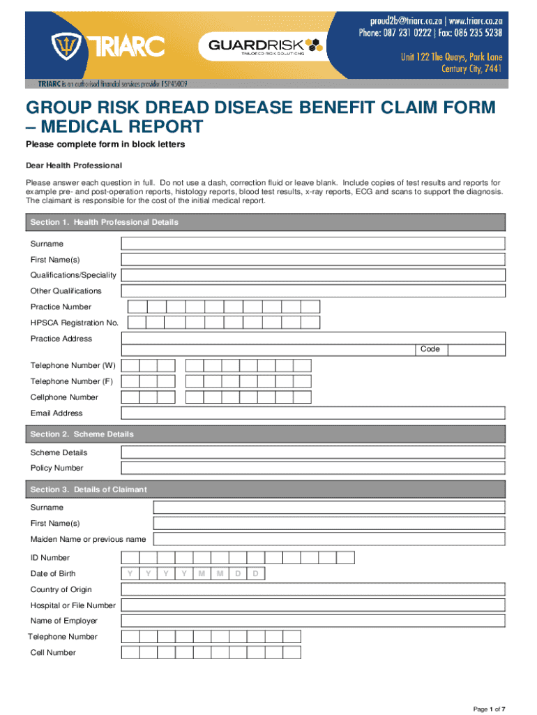 Fillable Online Group Risk Dread Disease Cover Benefit Claim Form ...