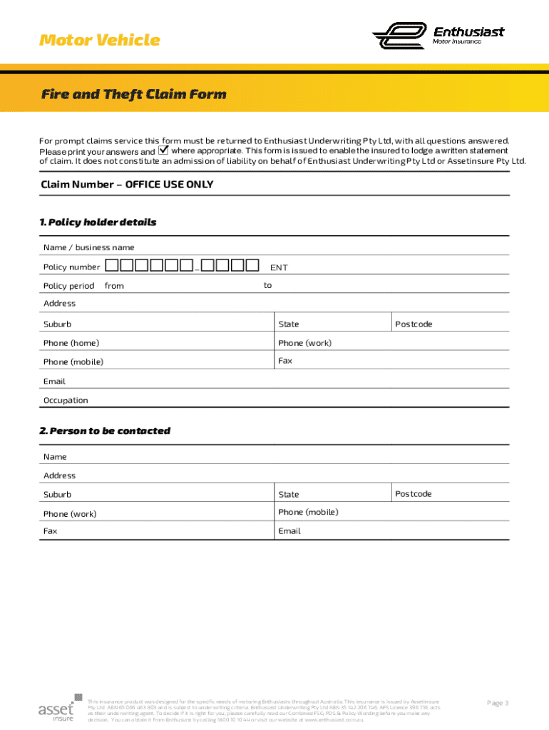 Fillable Online Fire and Theft Claim Form Fax Email Print - pdfFiller