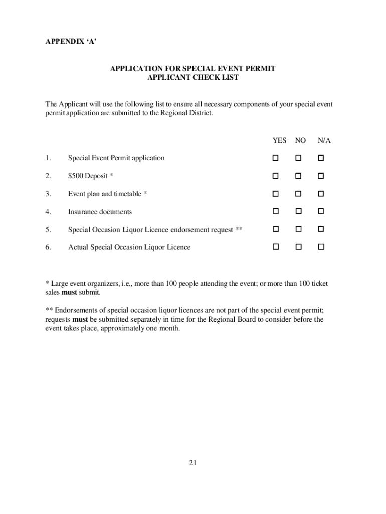 Fillable Online 21 APPENDIX \'A\' APPLICATION FOR SPECIAL EVENT ... Fax Email Print - pdfFiller