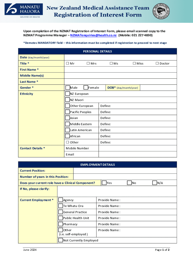 Fillable Online New Zealand Medical Assistance Team Registration of Interest Form Fax Email ...