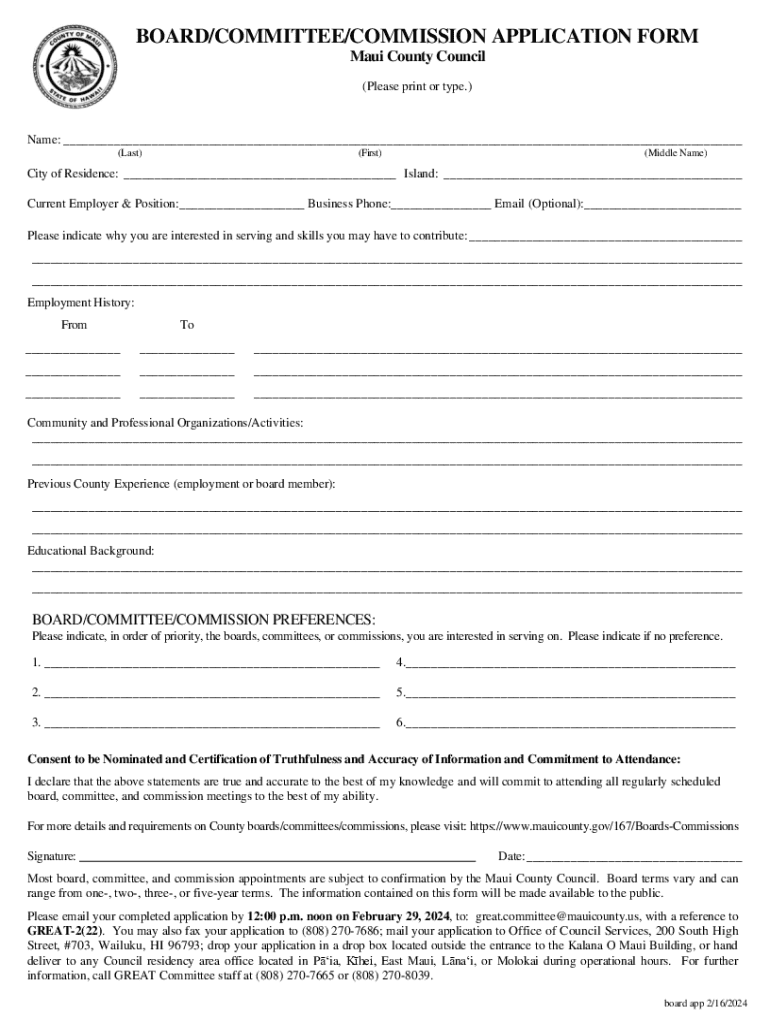 Fillable Online Maui County Council Board Committee Commission ...