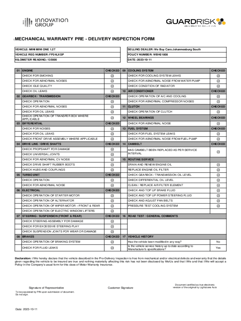 Fillable Online MECHANICAL WARRANTY PRE - DELIVERY INSPECTION FORM Fax ...