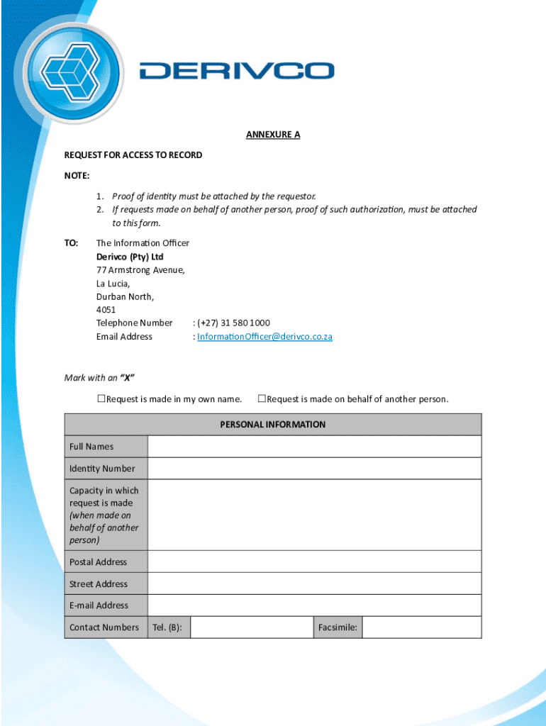 Fillable Online ANNEXURE A REQUEST FOR ACCESS TO RECORD NOTE Fax Email ...