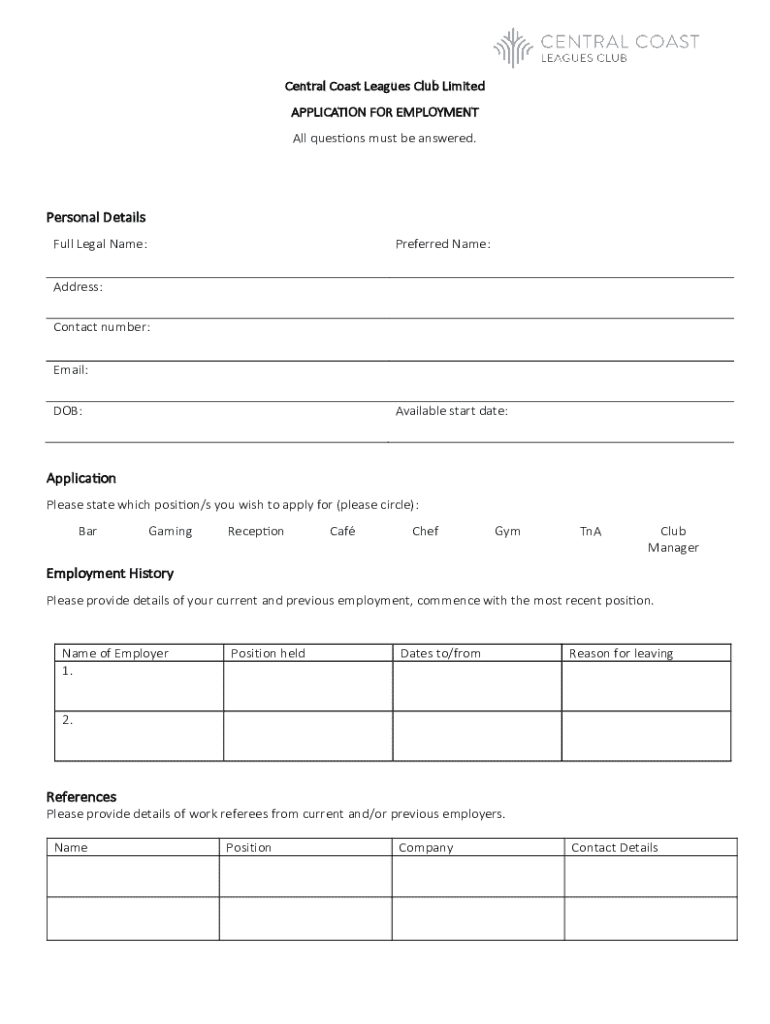 Fillable Online Personal Details Application Employment History ...