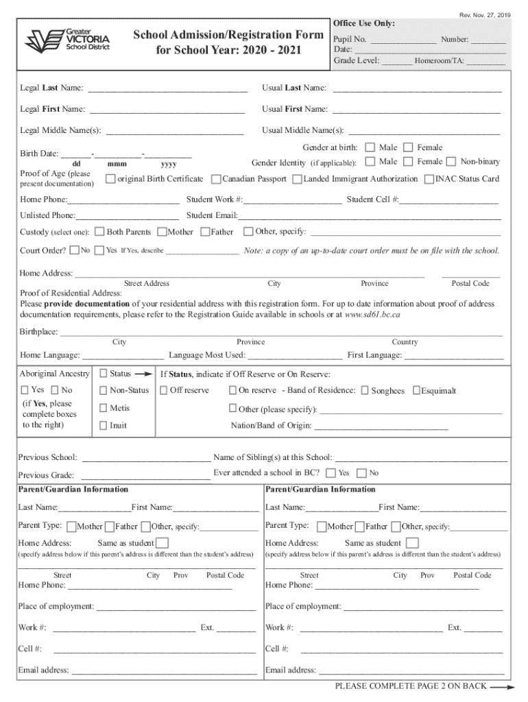 Fillable Online School Admission/Registration Form for School Year ...