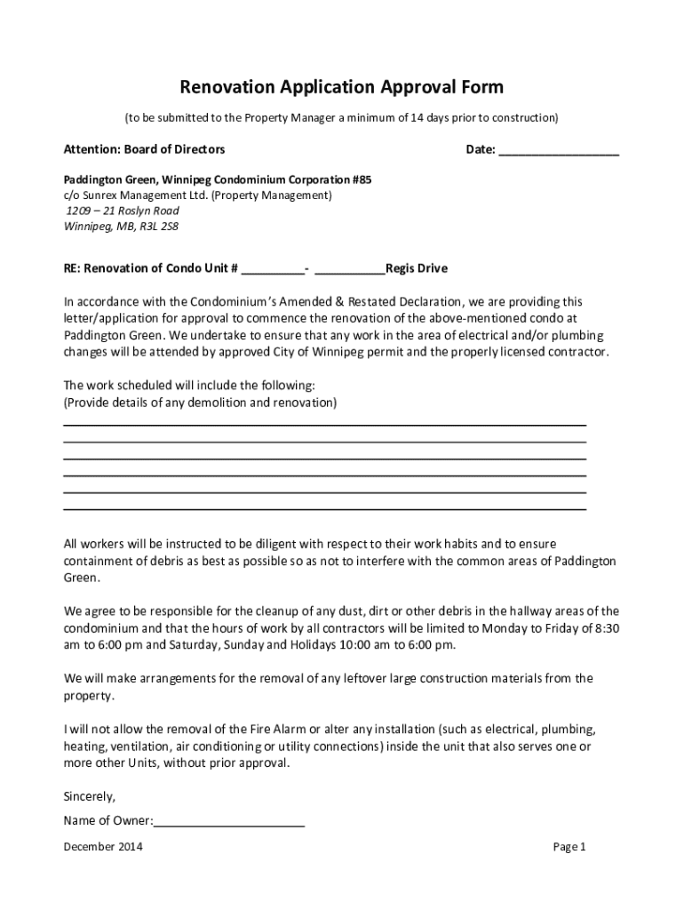 Fillable Online Renovation Application Approval Form - Winnipeg Fax Email Print - pdfFiller
