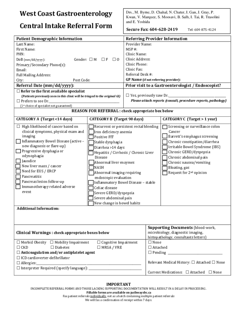 Fillable Online West Coast Gastroenterology Central Intake Referral ...