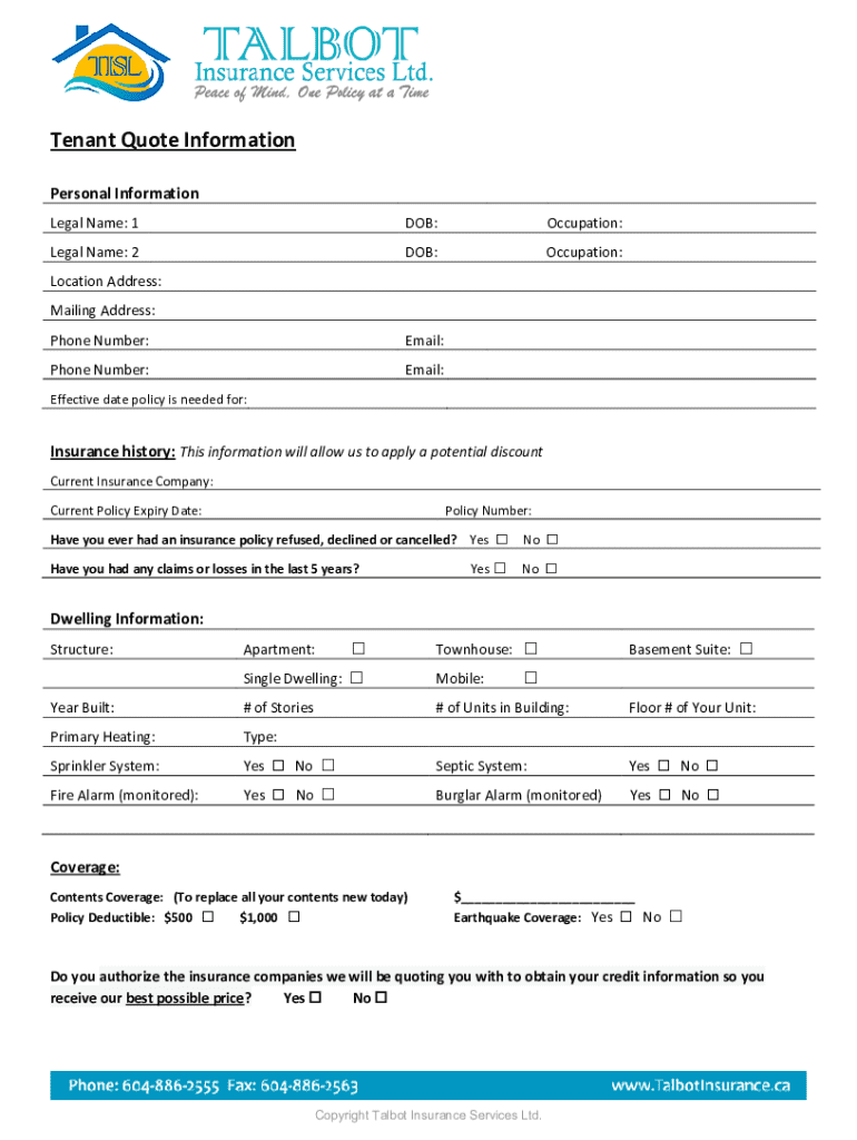 Fillable Online Tenant Quote Form PDF v2 for Print Fax Email Print ...