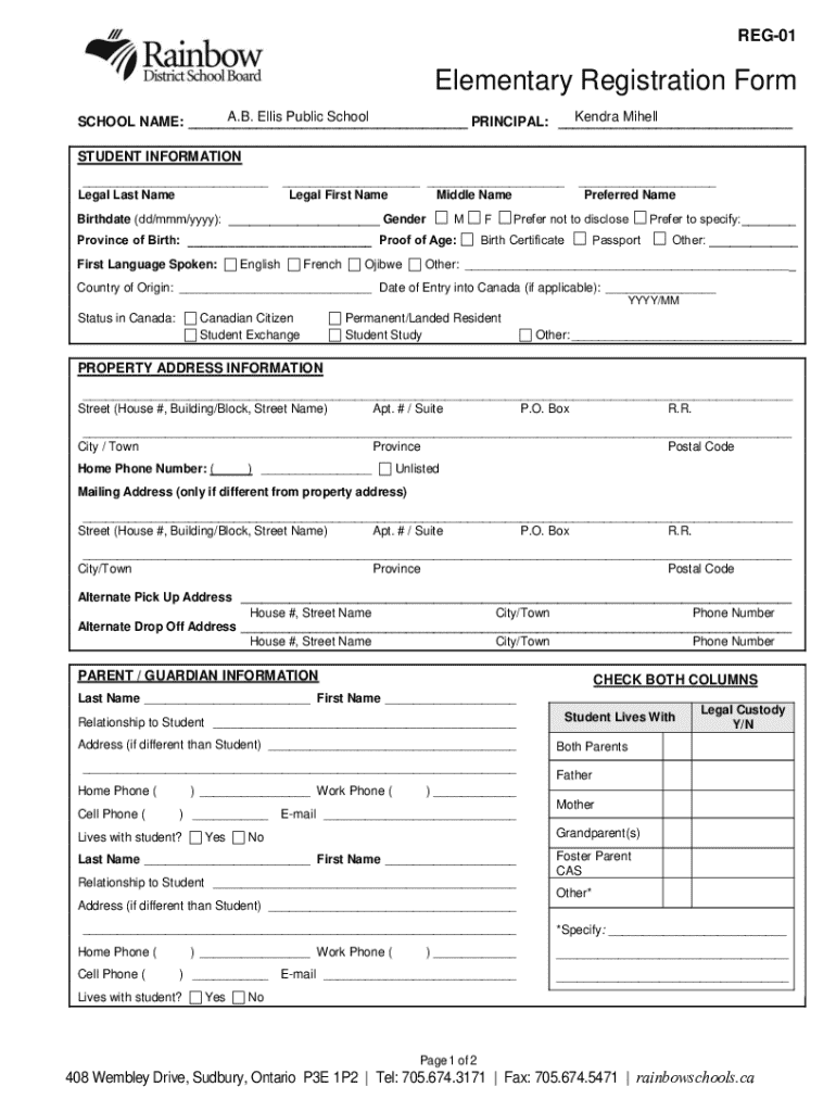 Fillable Online Elementary Registration Form - A.B. Ellis Public School ...