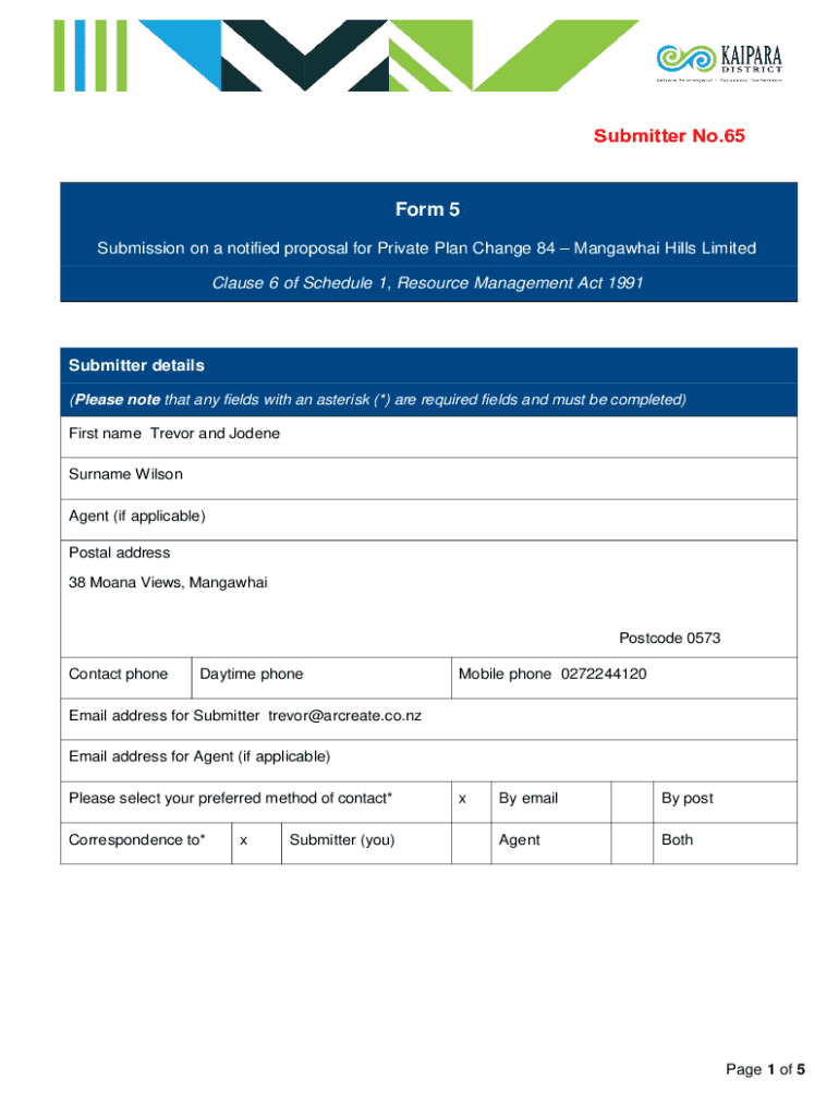 Fillable Online Submission on Private Plan Change 84 - Mangawhai Hills Limited Fax Email Print ...