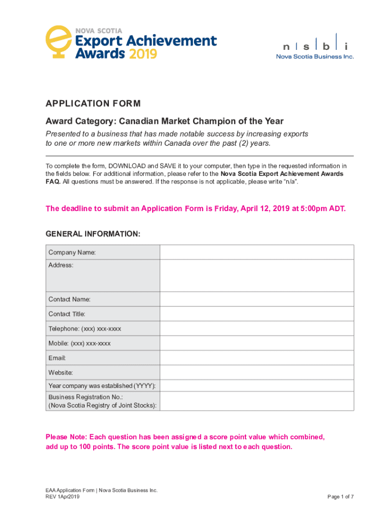 Fillable Online Nova Scotia Export Achievement Awards Application Form ...