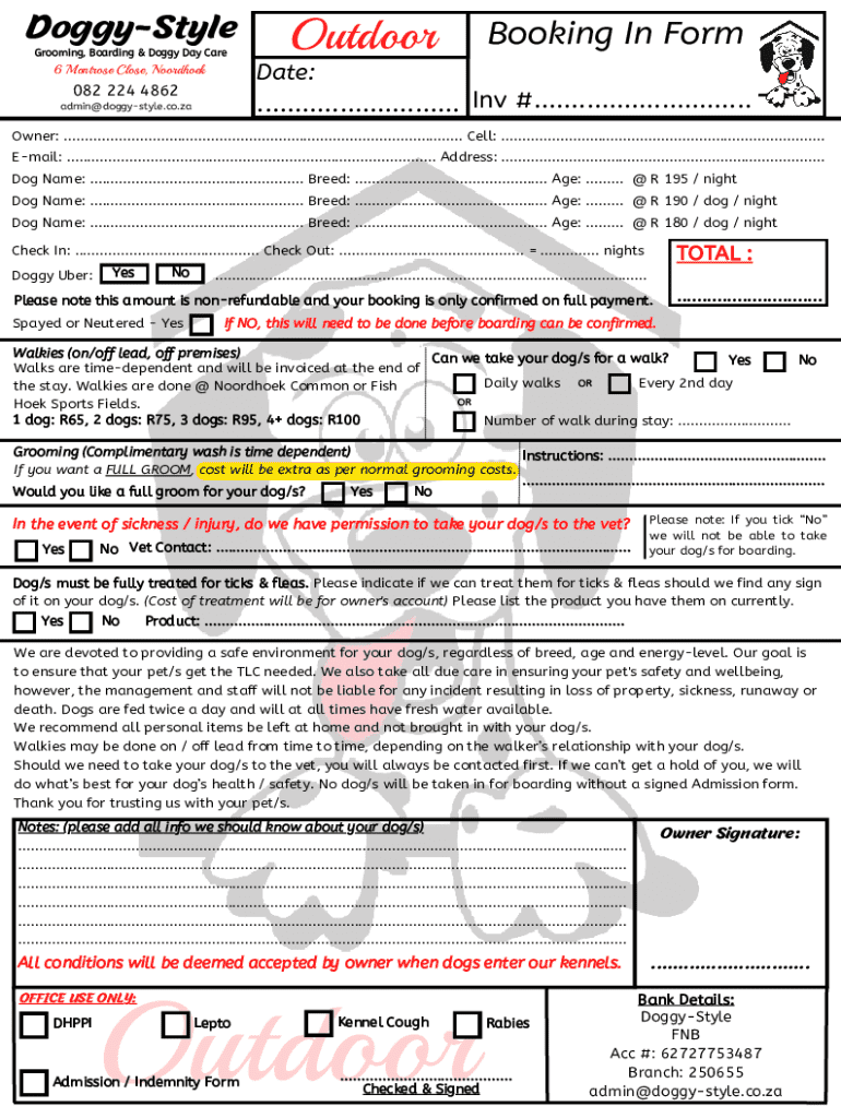 Fillable Online Outdoor Boarding Form - Doggy Style Fax Email Print ...