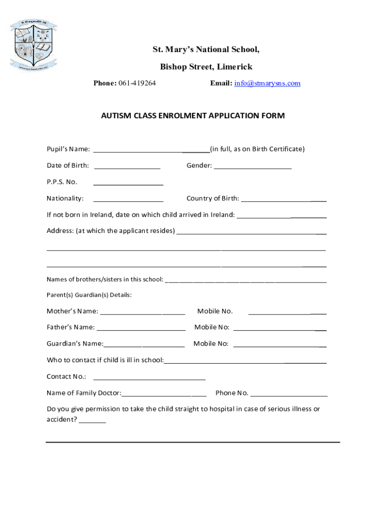 Fillable Online AUTISM CLASS ENROLMENT APPLICATION FORM Fax Email Print - pdfFiller