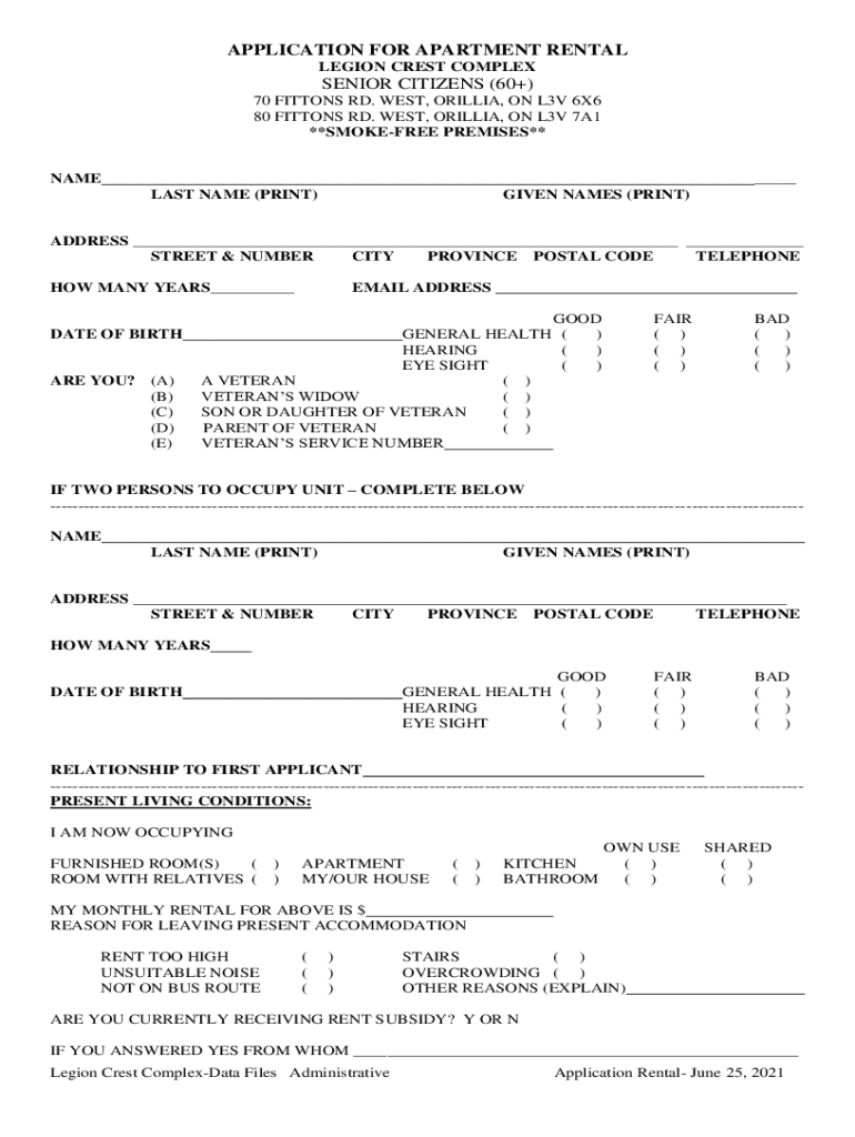Fillable Online APPLICATION FOR APARTMENT RENTAL - Orillia Fax Email ...