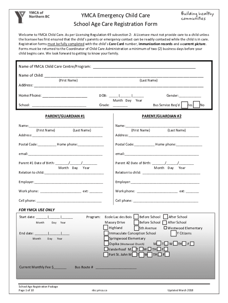 Fillable Online YMCA Emergency Child Care School Age Care Registration Form Fax Email Print ...