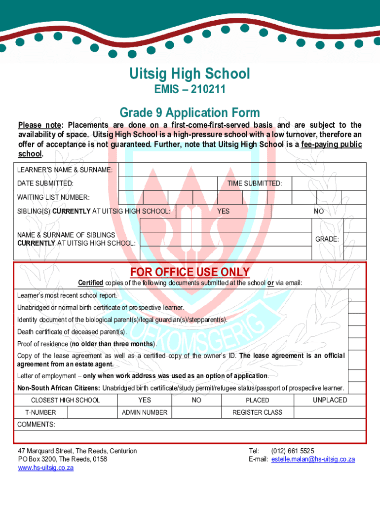 Fillable Online 210211 - Grade 9 Application Form Fax Email Print ...