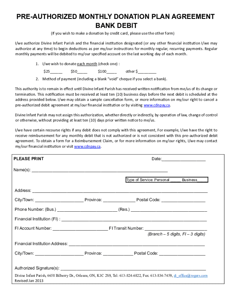 Fillable Online Pre-authorized Monthly Donation Plan (by CREDIT CARD ...