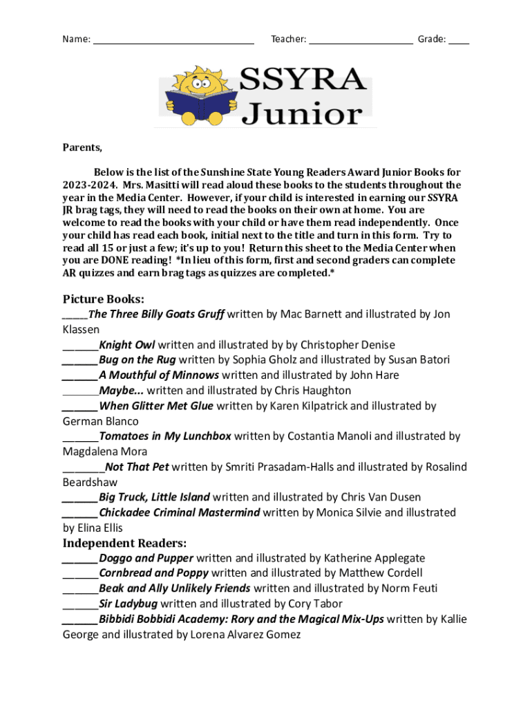 Fillable Online The Sunshine State Young Readers Award Junior Books ...