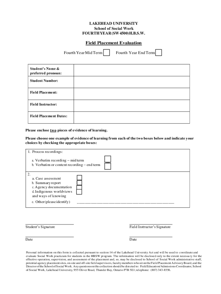 Fillable Online Fourth Year HBSW Field Placement Evaluation Form Fax Email Print - pdfFiller