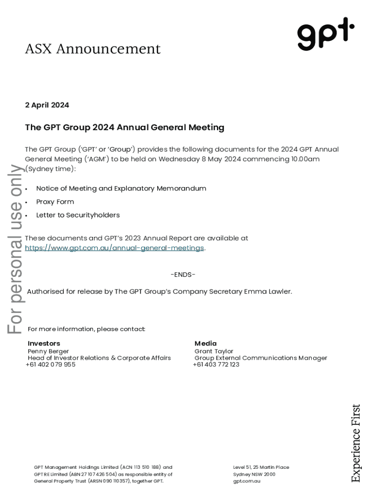 Fillable Online ASX ANNOUNCEMENT - Notice of 2024 AGM and Proxy Form ...