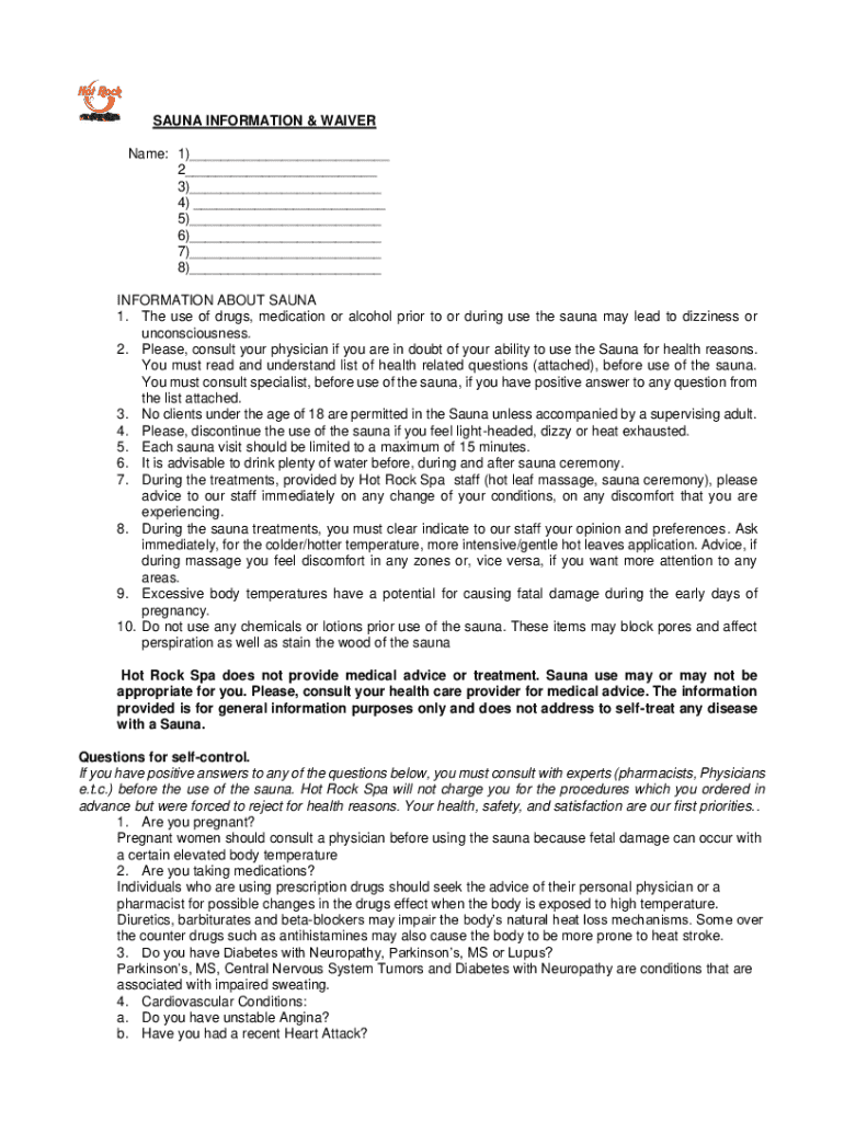 Fillable Online Infrared/Traditional Sauna Waiver and Release of ...