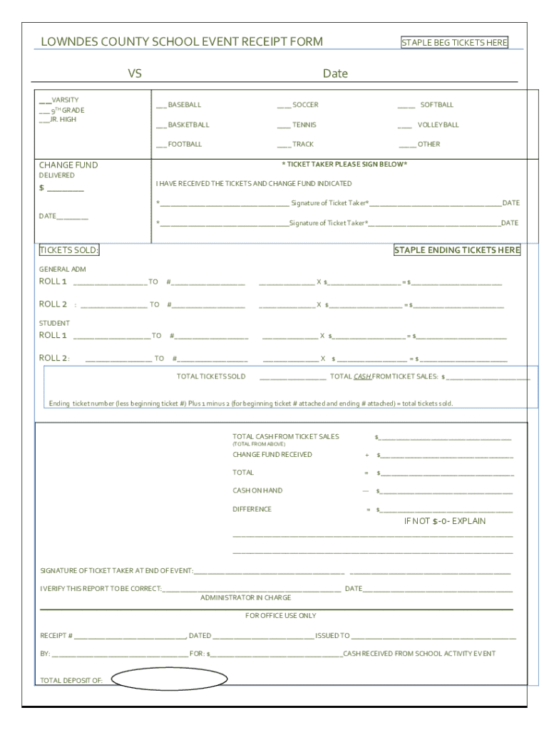 Fillable Online Lowndes County School Event Receipt Form - Varsity and ...