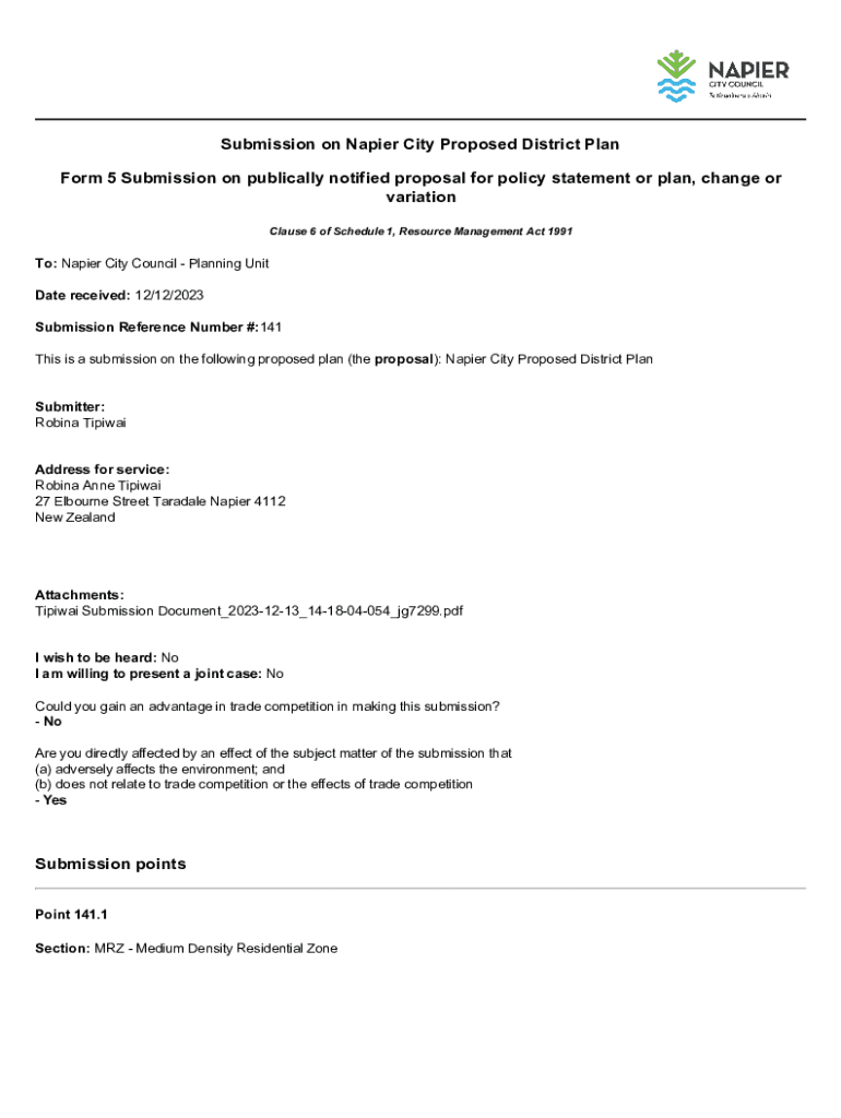 Fillable Online Submission on Napier City Proposed District Plan Fax ...