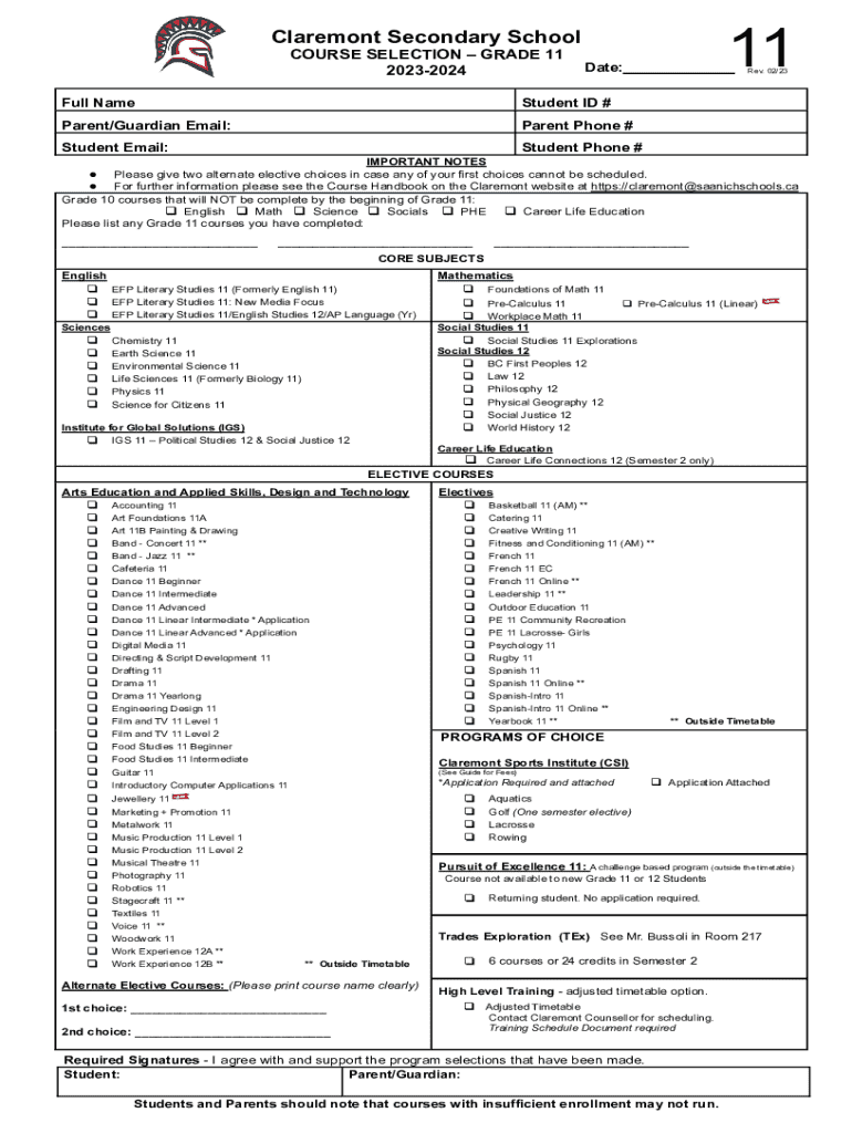 Fillable Online 9th grade course selection sheet.pdf Fax Email Print ...