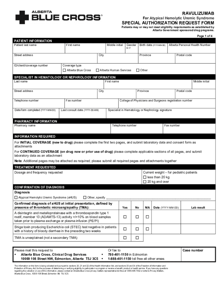 Fillable Online RAVULIZUMAB SPECIAL AUTHORIZATION REQUEST FORM Fax Email Print - pdfFiller