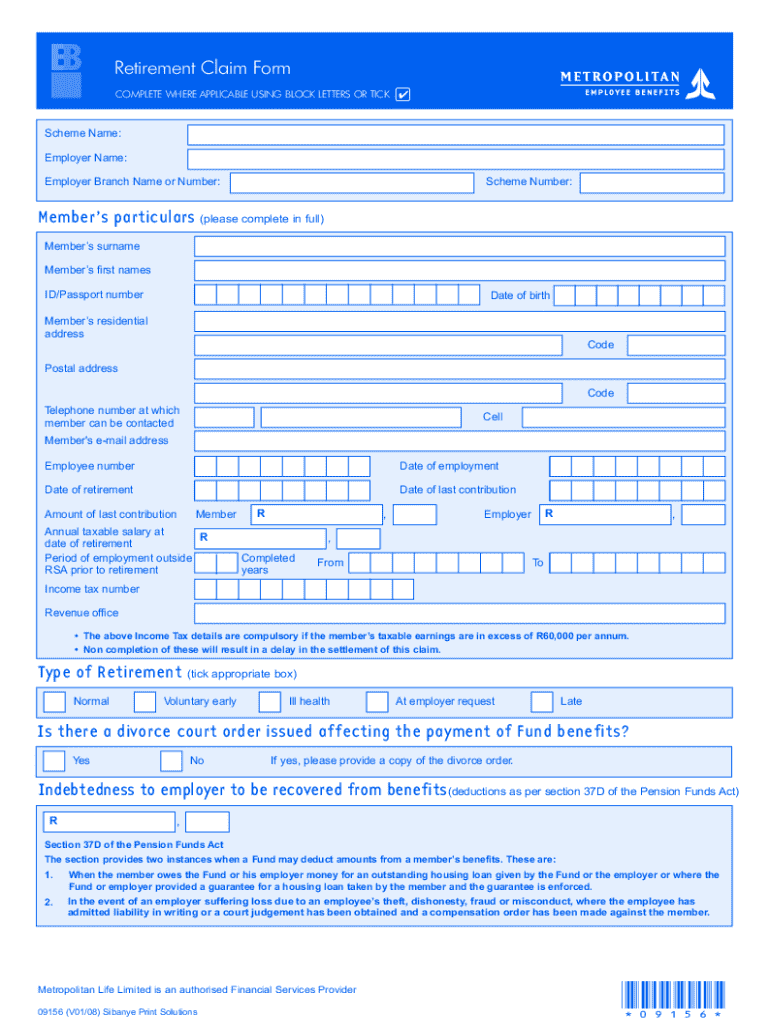 Fillable Online 09156 Retirement Claim form .cdr Fax Email Print ...