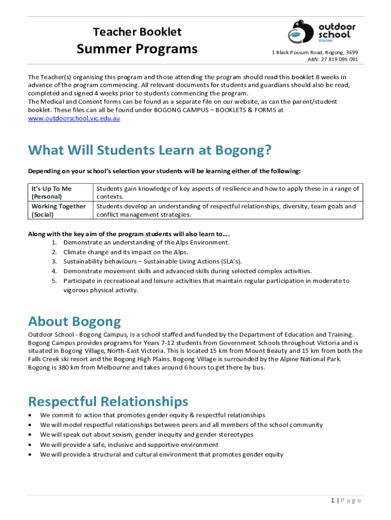 Fillable Online What Will Students Learn at Bogong? About ... - Outdoor ...