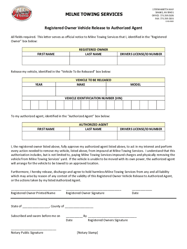 Fillable Online Registered Owner Vehicle Release to Authorized Agent ...