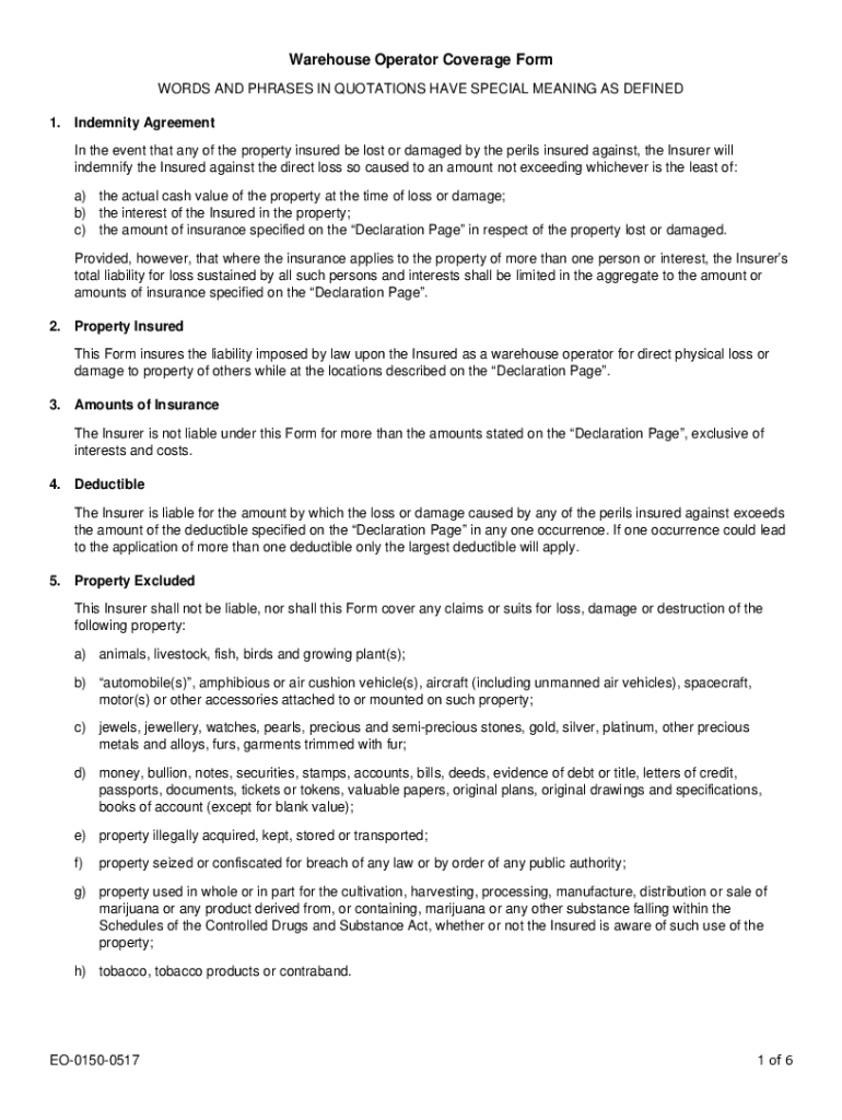 Fillable Online 1 of 6 Warehouse Operator Coverage Form Fax Email Print ...