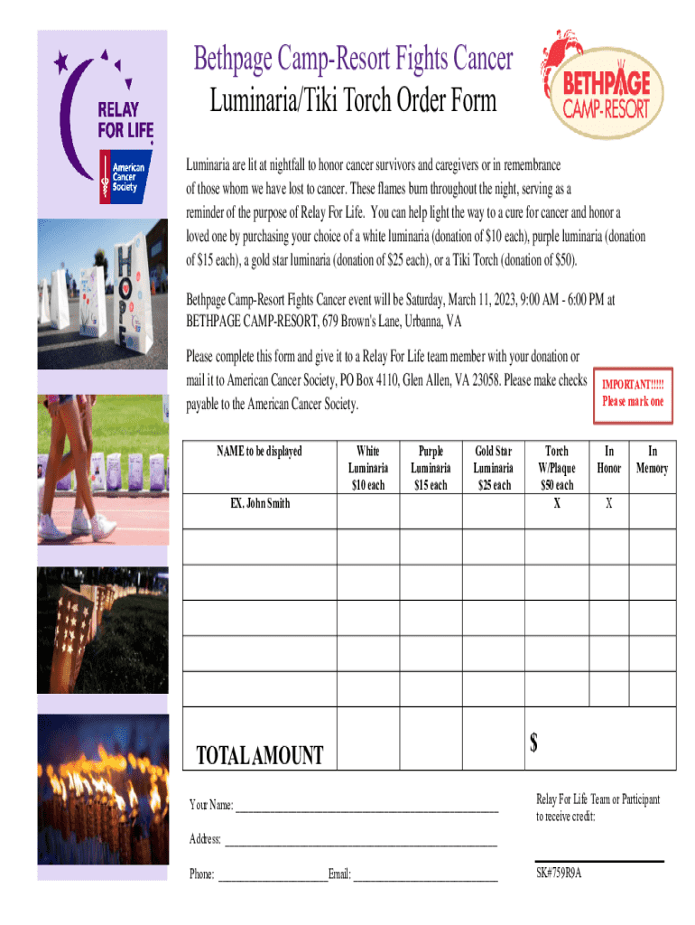 Fillable Online Relay For Life of Williamsburg Luminaria/Tiki Torch ...