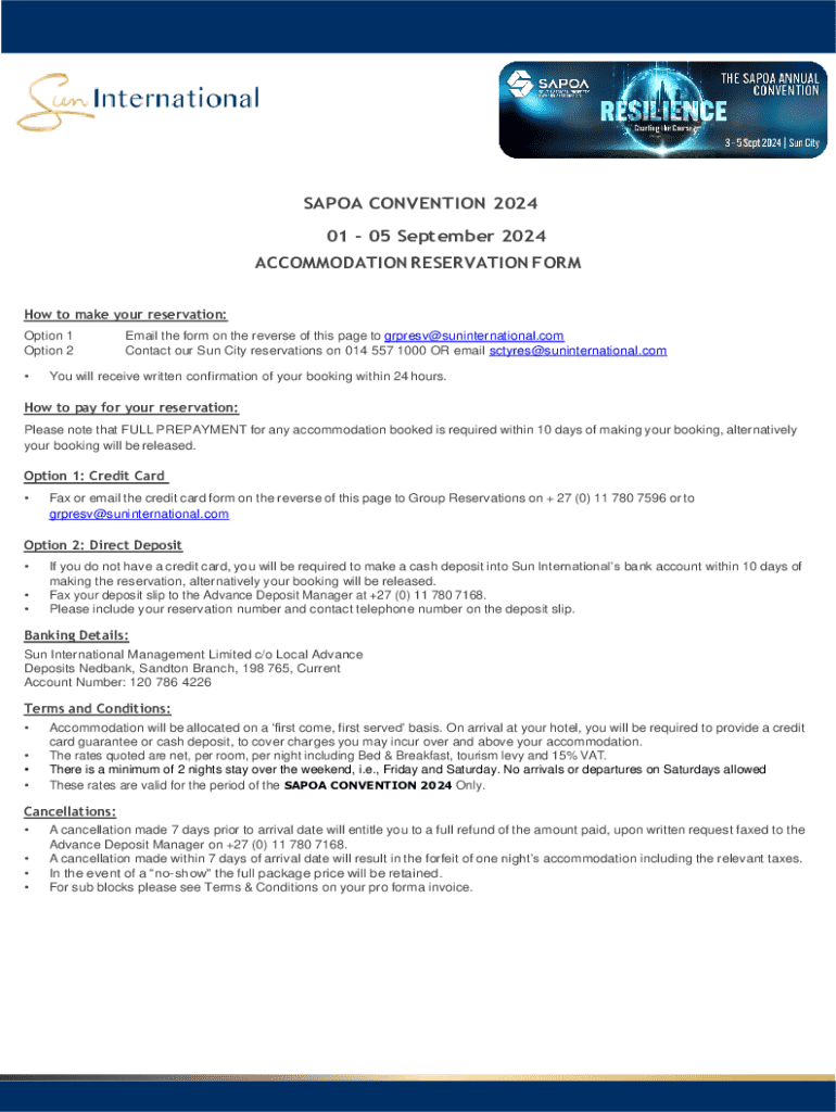 Fillable Online SAICA Conference 2024 Accommodation Reservation Form ...