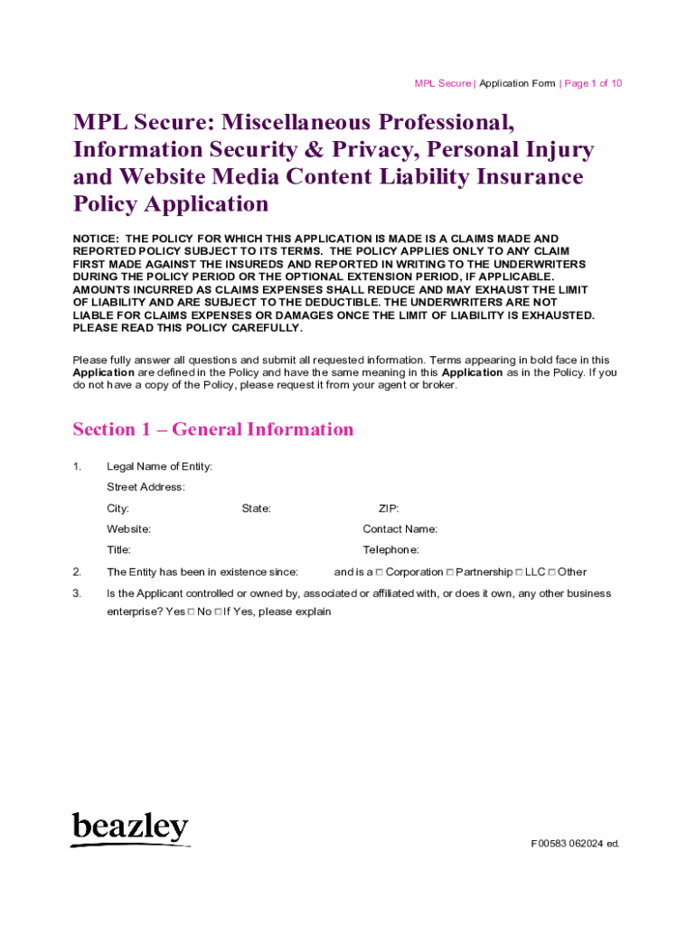 Fillable Online Application for Miscellaneous Professional Liability ...