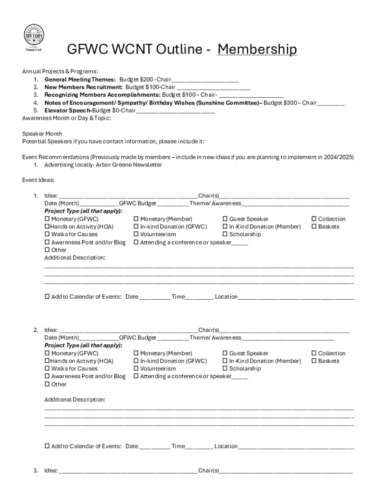 Fillable Online GFWC WCNT Outline - Membership - GFWC Woman\'s Club of ...
