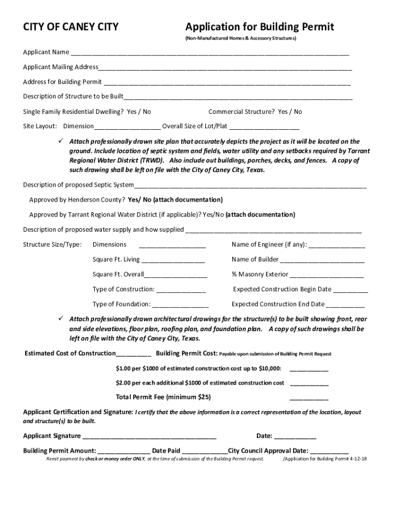 Fillable Online CITY OF CANEY CITY Application for Building Permit Fax ...