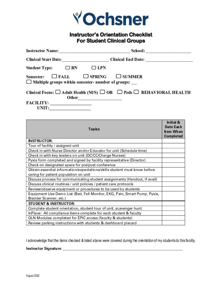 Fillable Online Instructor\'s Orientation Checklist For Student Clinical Groups Fax Email Print ...