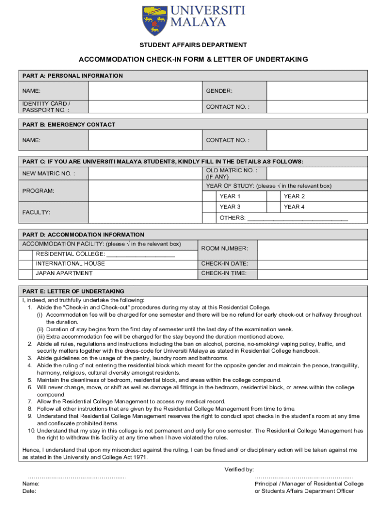 Fillable Online ACCOMMODATION CHECK-IN FORM & LETTER OF ... Fax Email Print - pdfFiller