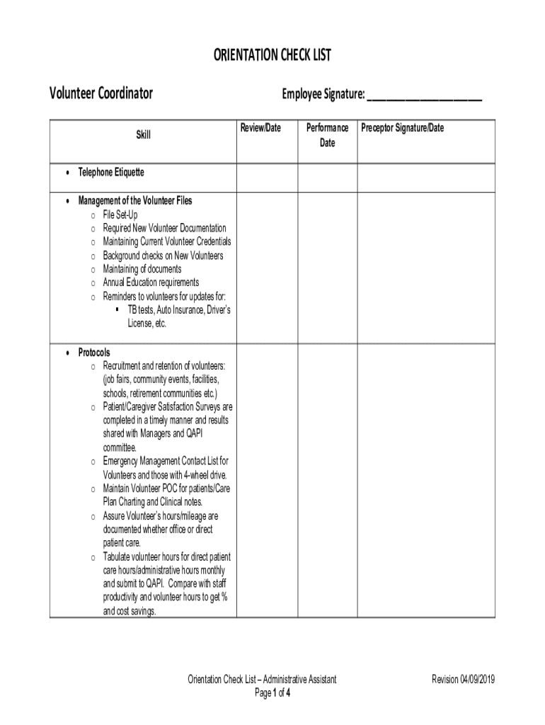 Fillable Online Role Specific Orientation Checklist Volunteer Coordinator.docx Fax Email Print ...