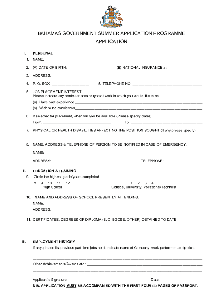 Fillable Online BAHAMAS GOVERNMENT SUMMER APPLICATION PROGRAMME ... Fax ...