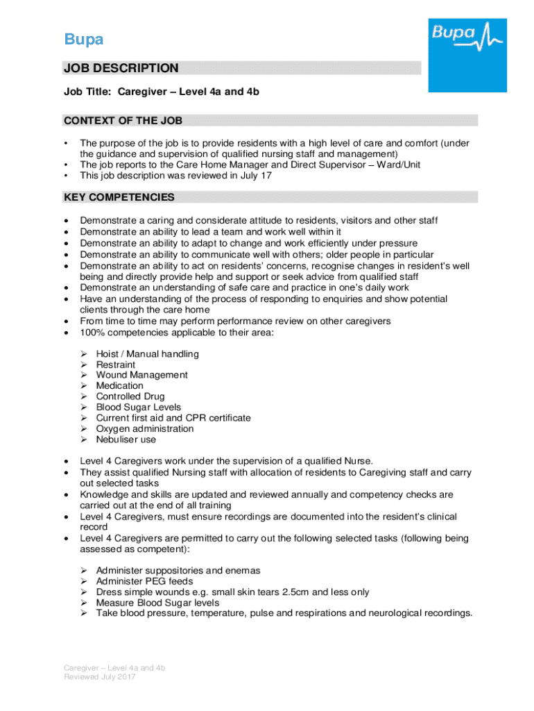 Fillable Online Caregiver Job Description: Template, Top Duties and ...