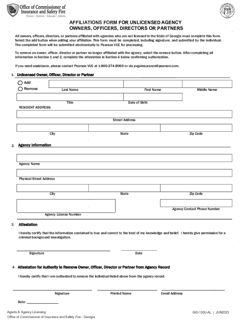 Fillable Online affiliations form for unlicensed agency - owners ...