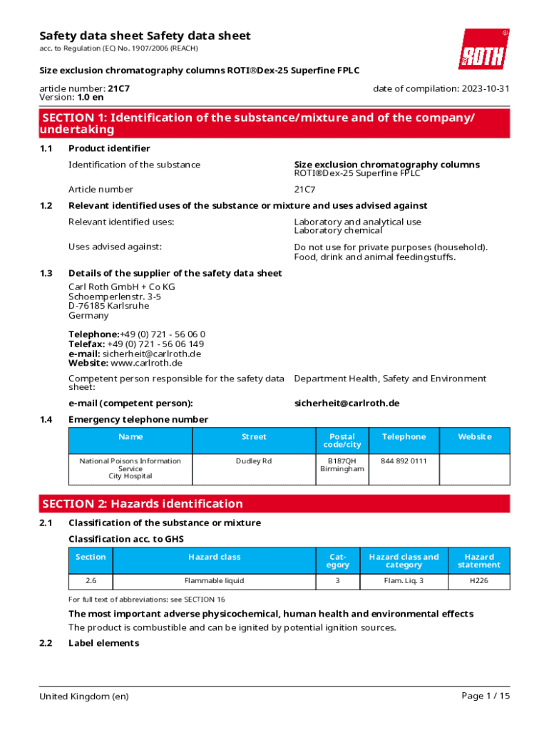 Fillable Online Safety Data Sheet: Size exclusion chromatography ...