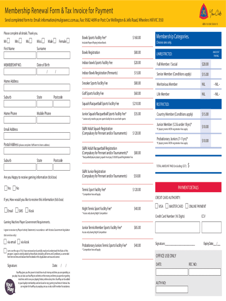 Fillable Online Membership Renewal Form & Tax Invoice for Payment Fax ...