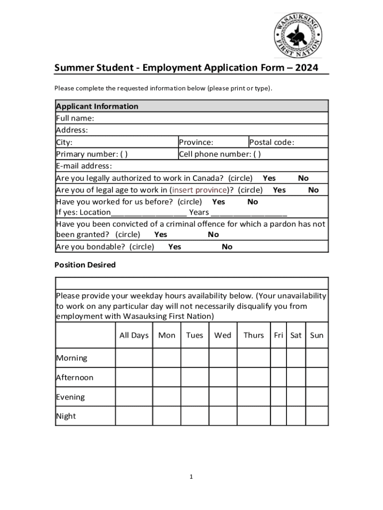 Fillable Online Summer Student - Employment Application Form 2024 Fax ...