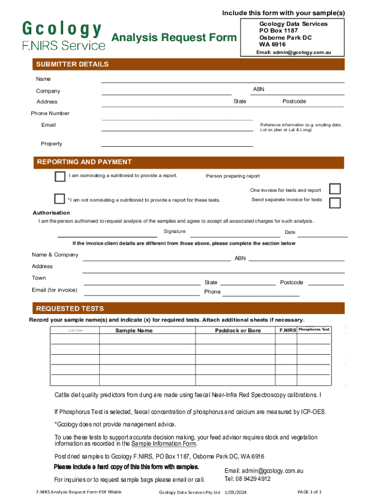 Fillable Online Analysis Request Form for Gcology Data Services Pty Ltd 2024 Fax Email Print ...