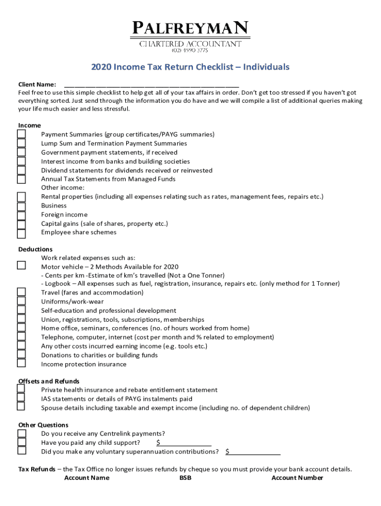 Fillable Online 2020 Income Tax Return Checklist Individuals Fax Email ...