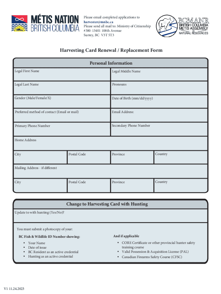 Fillable Online Harvesting Card Renewal / Replacement Form - Ministry ...